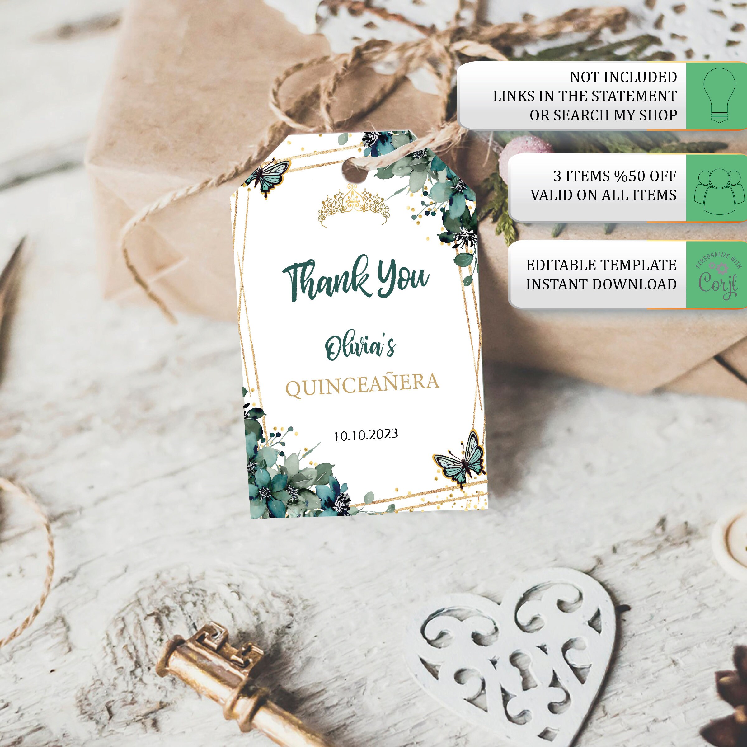Emerald Green Floral Butterflies Quinceañera Welcome Sign Template, Mis ...