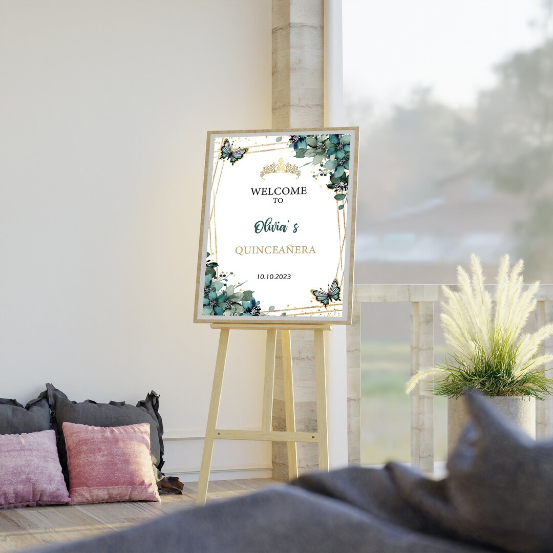 Emerald Green Floral Butterflies Quinceañera Welcome Sign Template, Mis ...