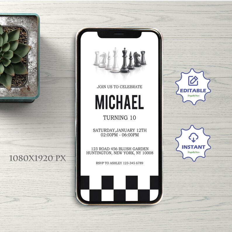 Digital Black and White Chess Mobile Birthday Invitation Template ...