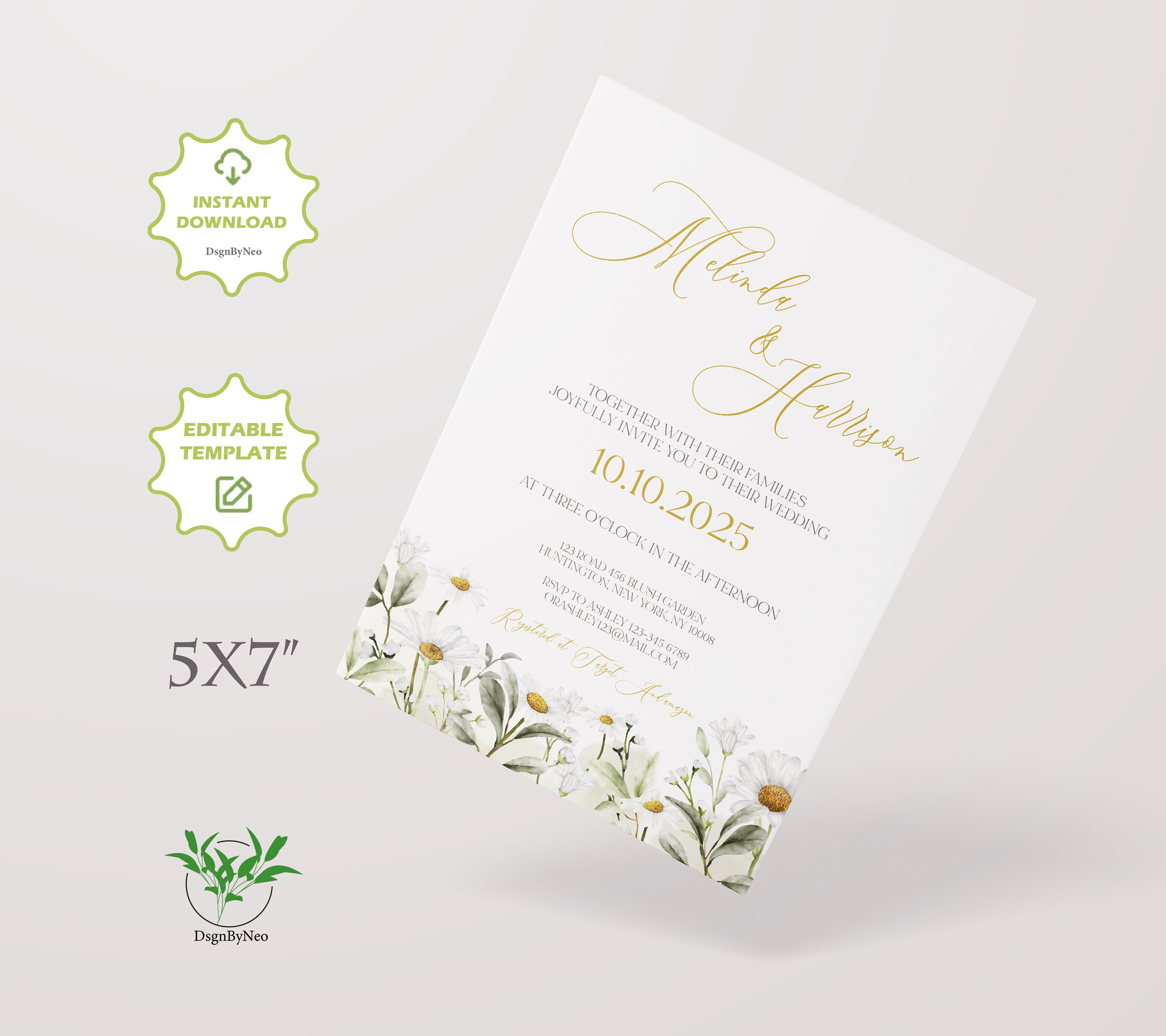 Daisy Wedding Invitation Template, Dusty Wildflower Wedding Invite, 5x7 ...
