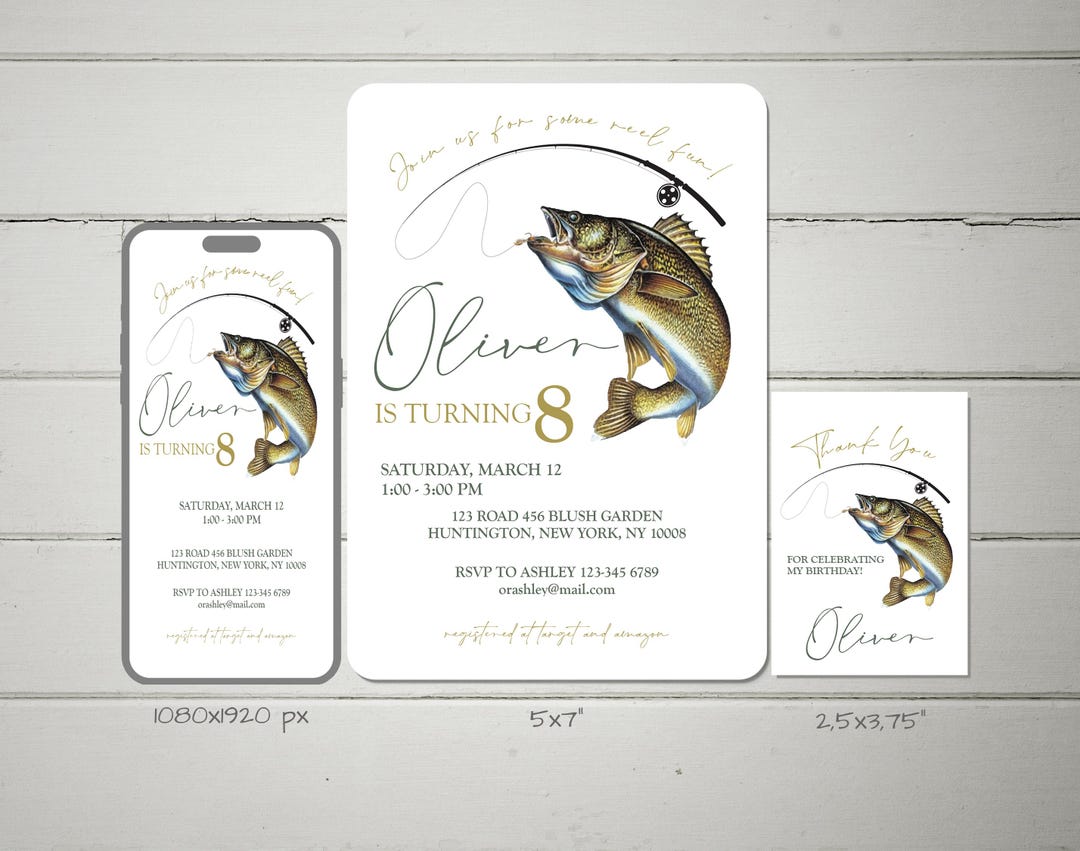 Editable Walleye Fishing Invitation Set Template, Fishing Bday Invite ...