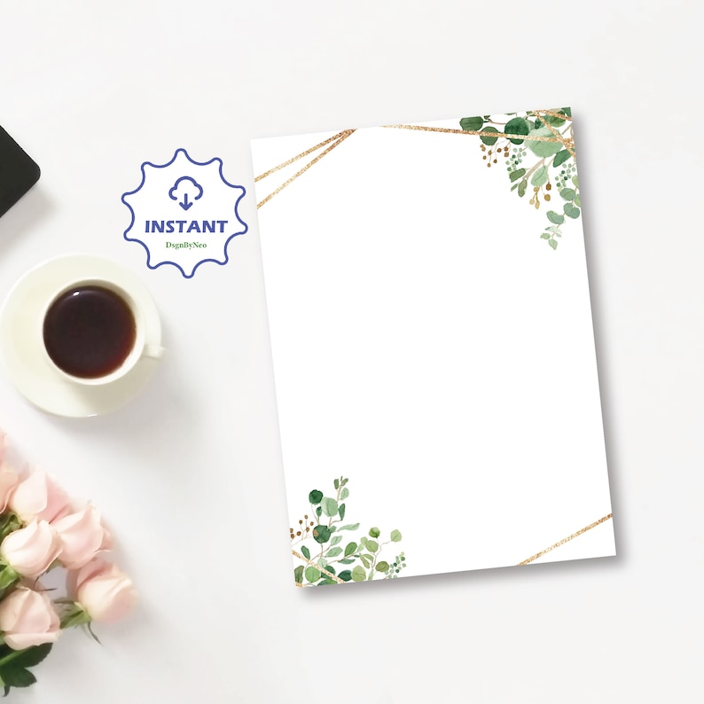 Eucalyptus Greenery Gold Border Microsoft Word Template, Elegant ...