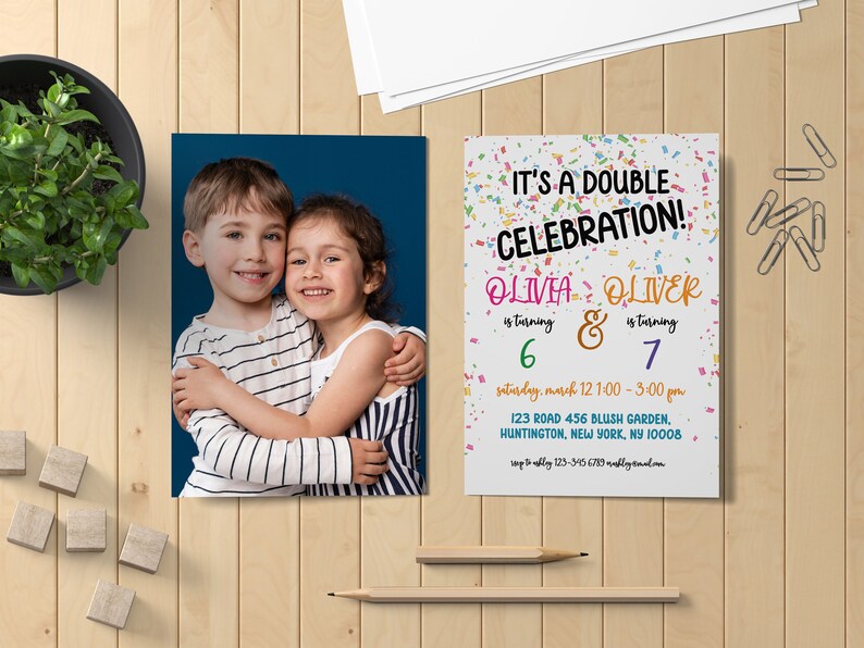 Editable Double Birthday Party Invitation Template, Sibling Birthday ...