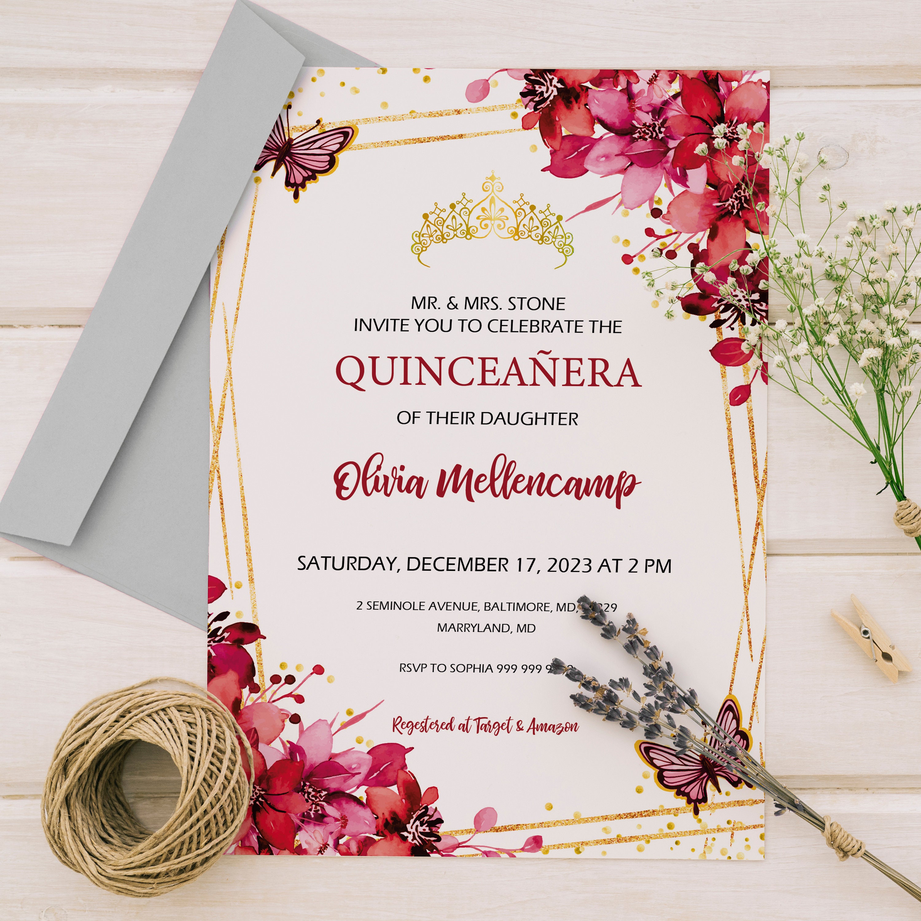 Ruby Dark Red Floral Butterflies Quinceañera Invitation Template, Mis ...