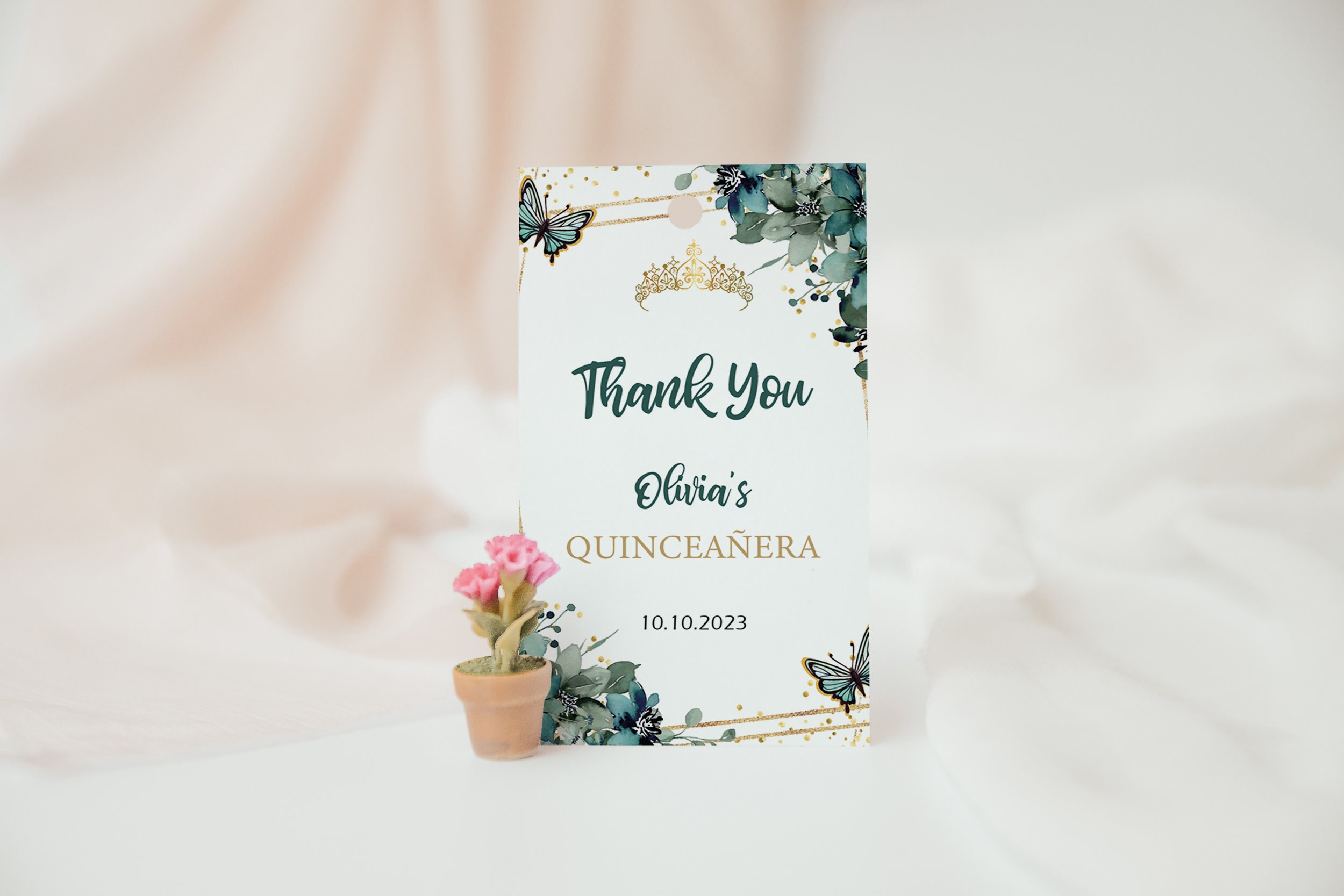Emerald Green Floral Butterflies Quinceañera Favor Tag Template, Mis ...