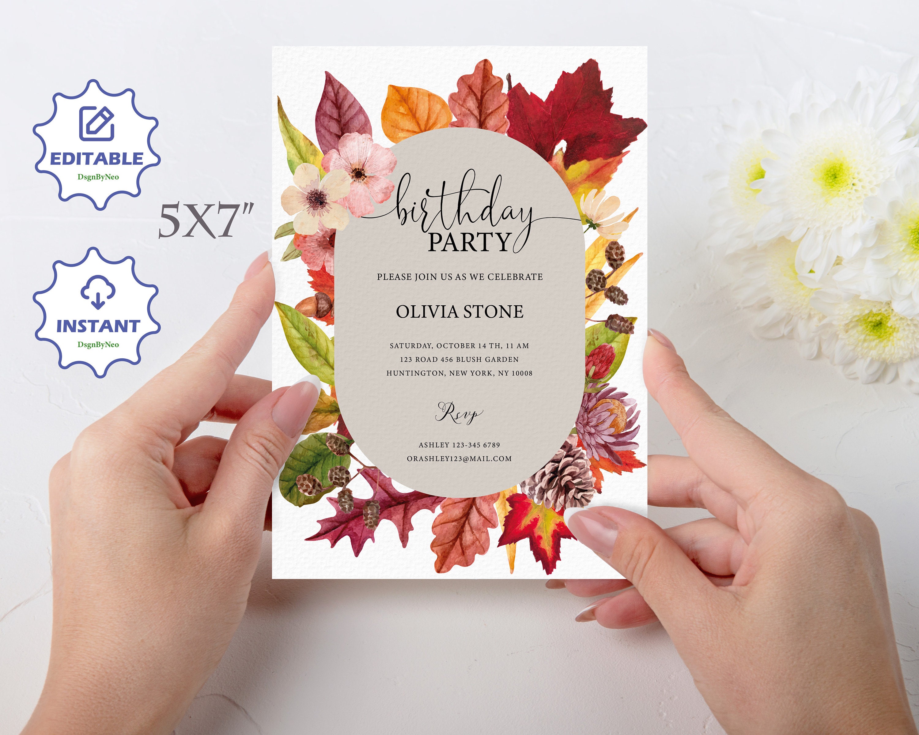 Fall Floral Birthday Party Invitation Template Autumn - Etsy