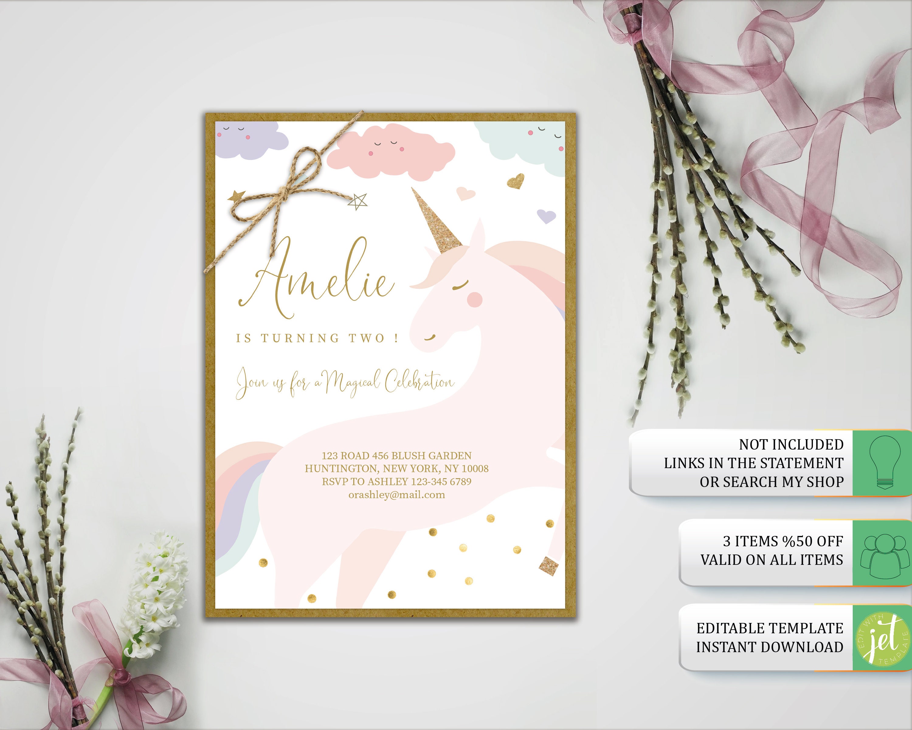 Digital Unicorn Birthday Invitation Editable Template, Unicorn Birthday ...