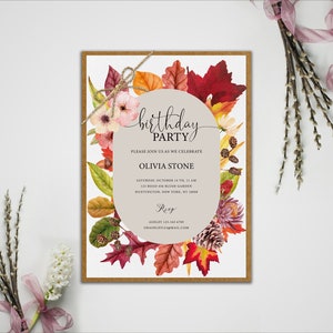 Fall Floral Birthday Party Invitation Template, Autumn Woman's Birthday ...