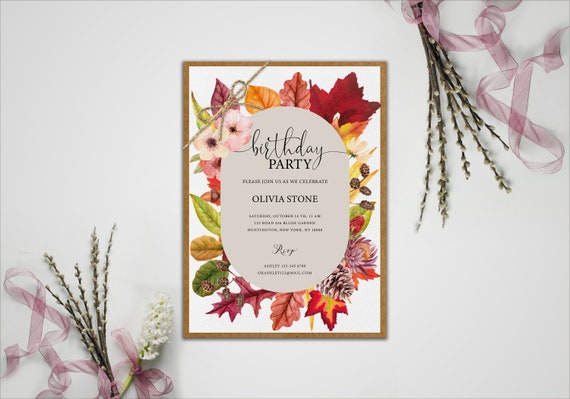 Fall Floral Birthday Party Invitation Template Autumn - Etsy