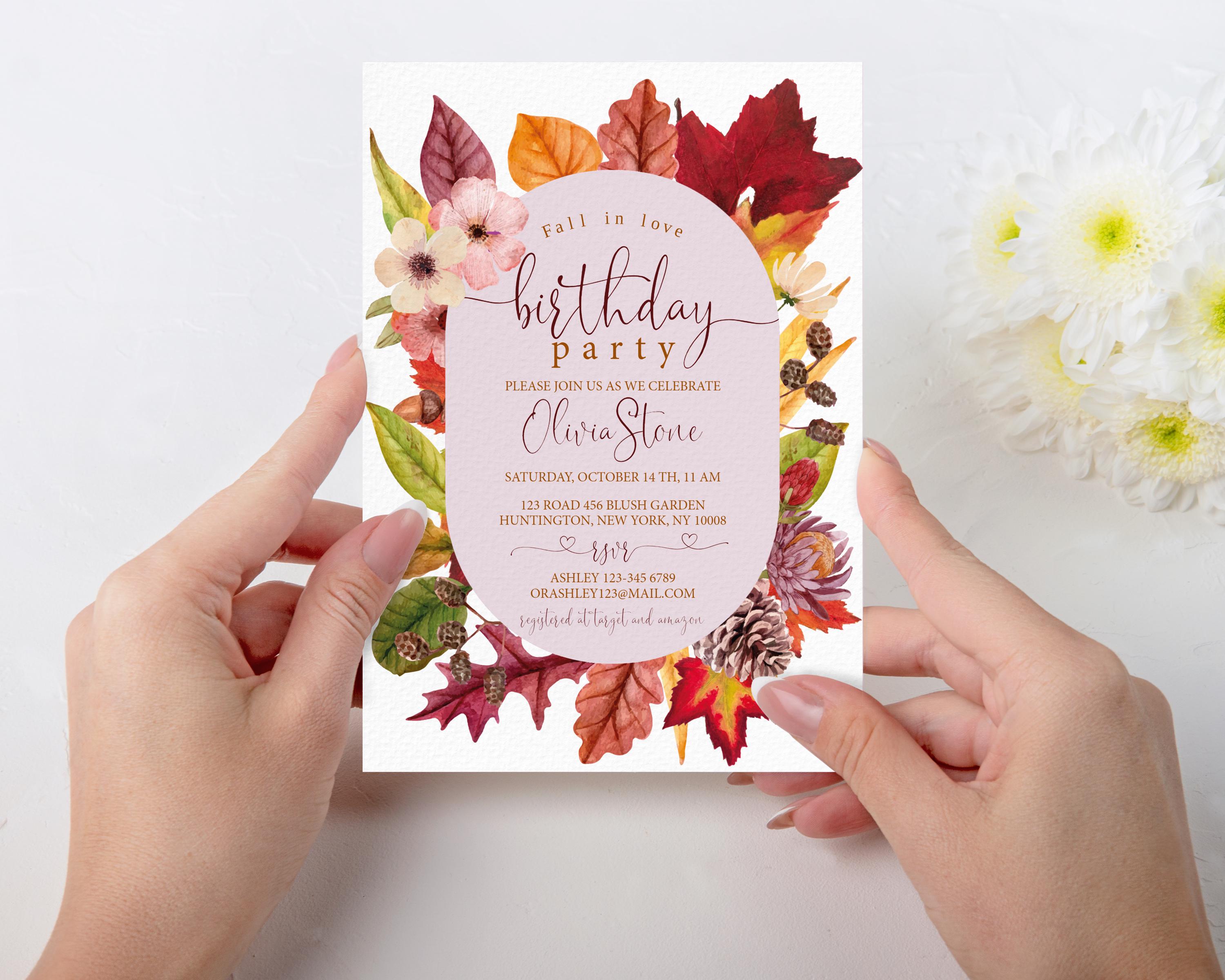 Fall Floral Birthday Party Invitation Template, Autumn Woman's Birthday ...