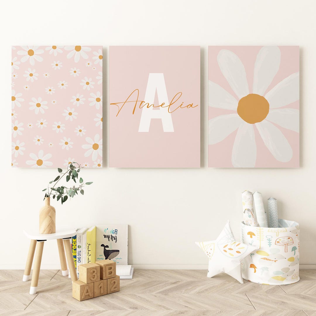 Custom Set of 3 Daisy Wall Art Prints, Personalized Name Sign, Girl ...