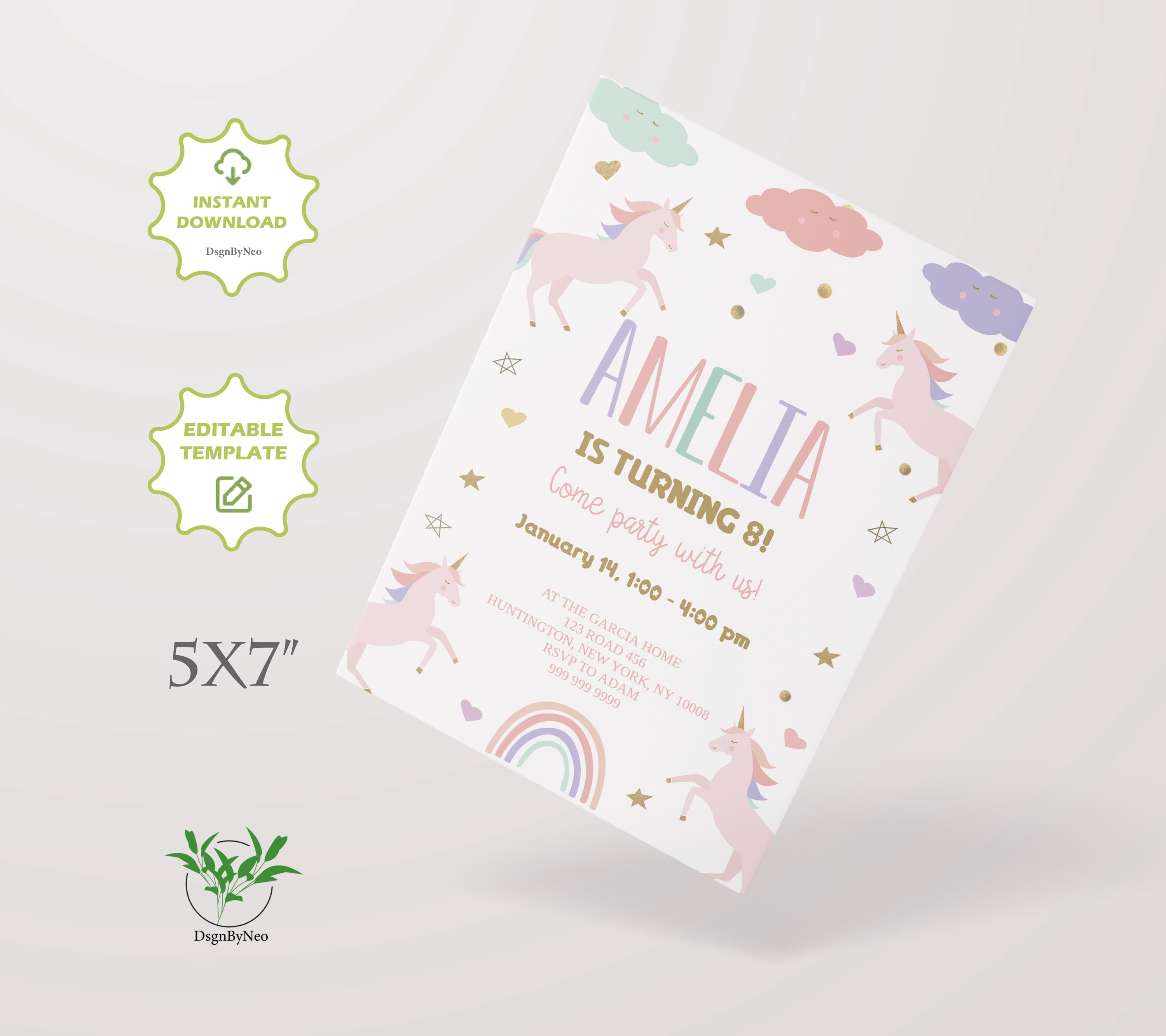 Editable Unicorn Birthday Invitation Template, Magical Party Invite ...