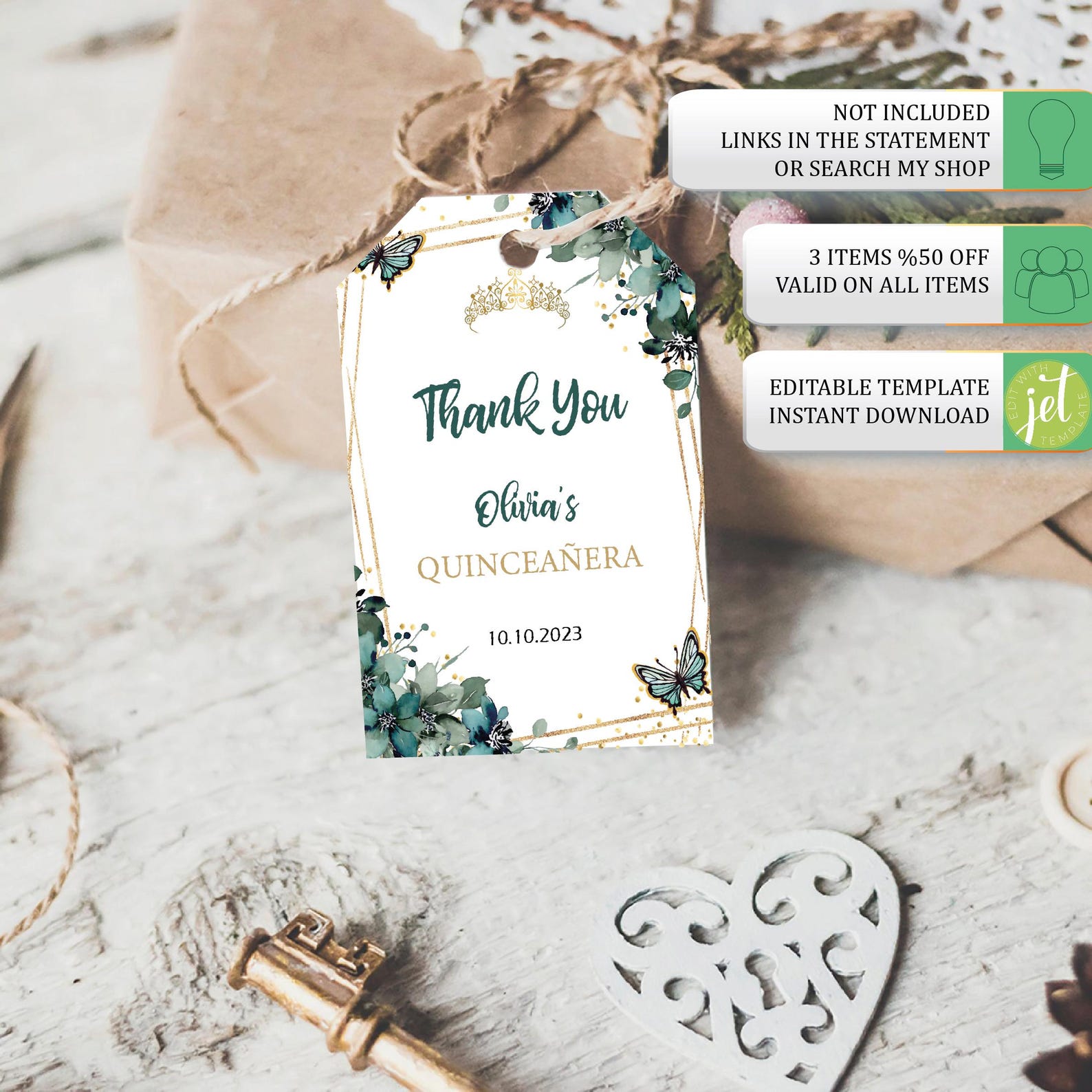 Emerald Green Floral Butterflies Quinceañera Invitation Template, Mis ...