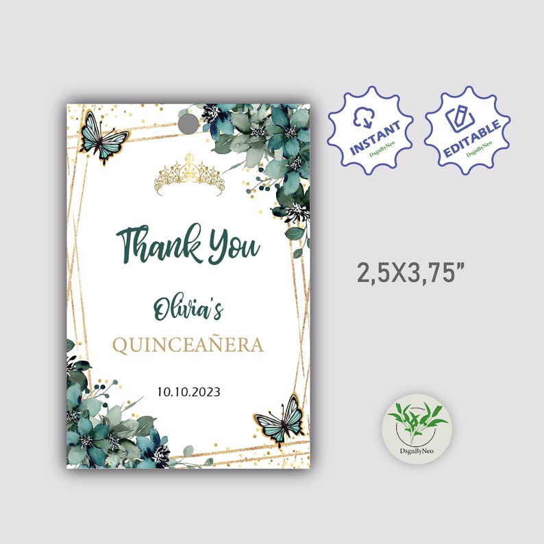 Emerald Green Floral Butterflies Quinceañera Favor Tag Template, Mis ...