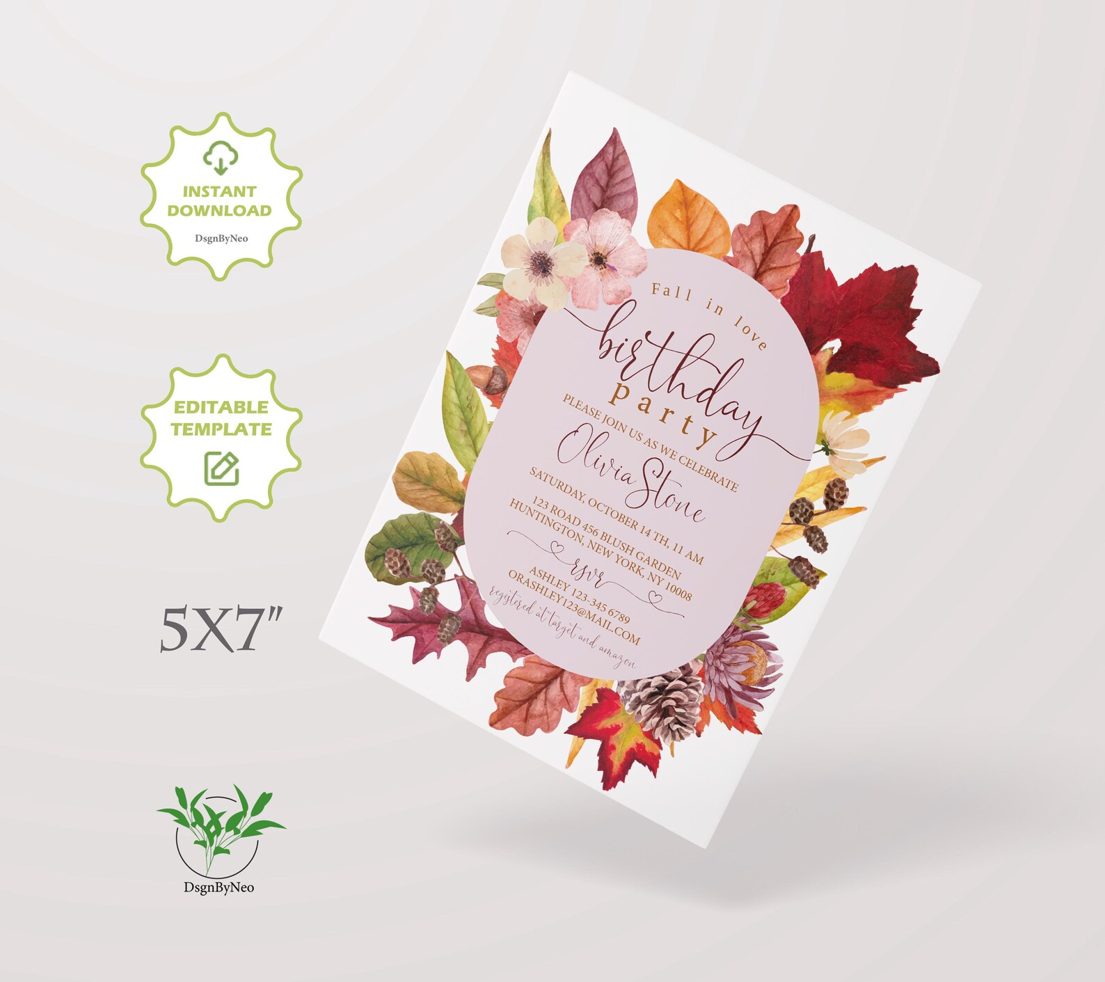 Fall Floral Birthday Party Invitation Template, Autumn Woman's Birthday ...