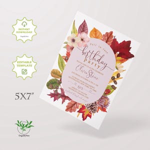 Fall Floral Birthday Party Invitation Template, Autumn Woman's Birthday ...