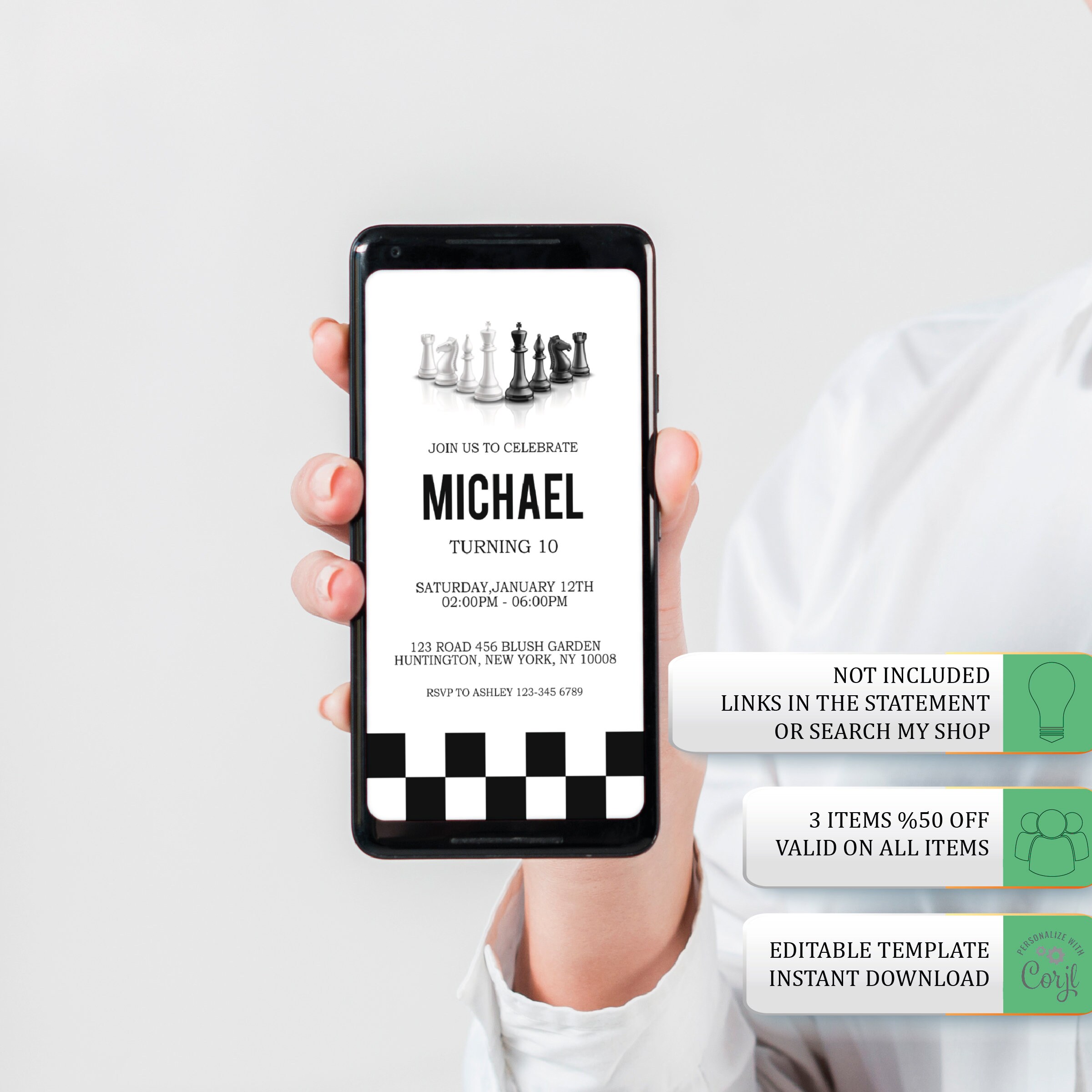 Black and White Chess Birthday Invitation Template, Digital Chess Party ...