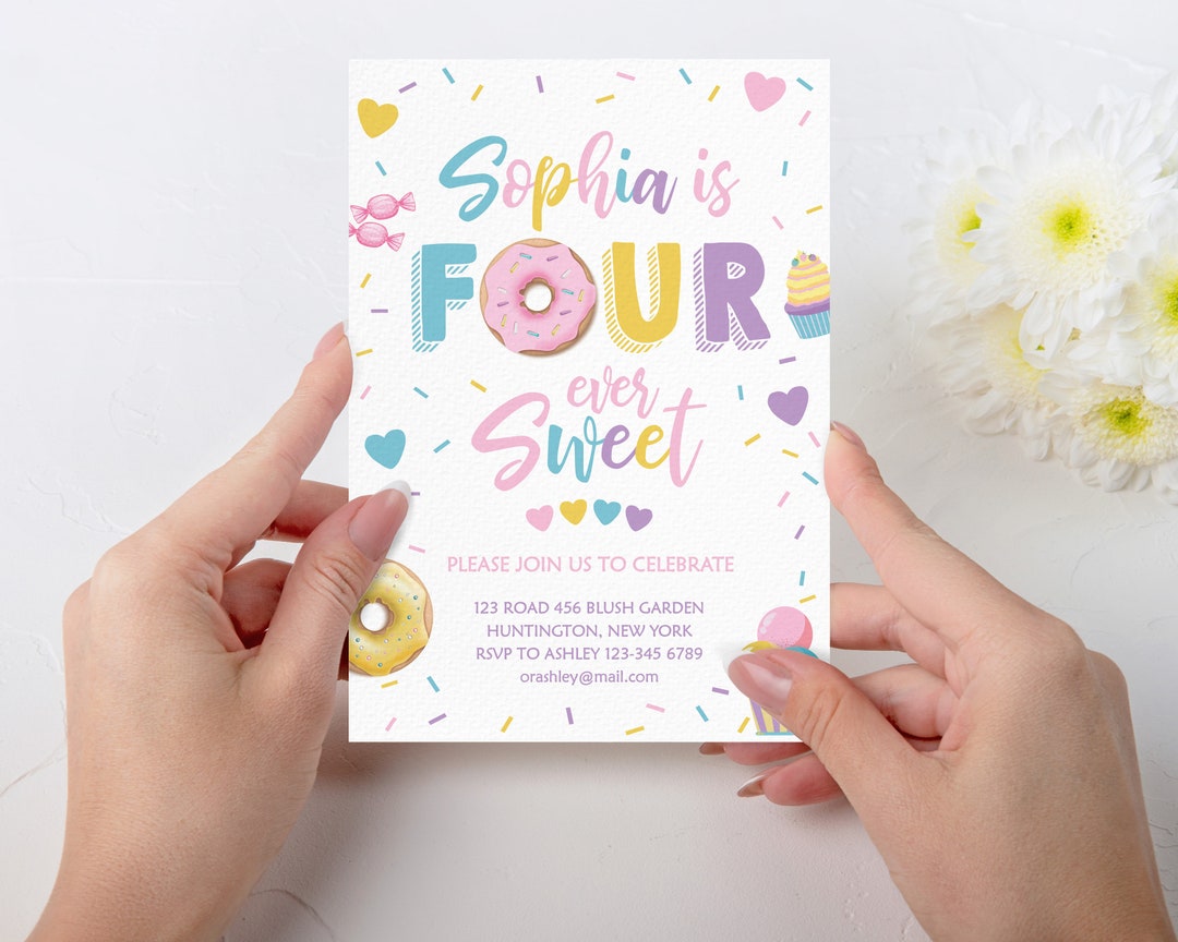 Editable Four Ever Sweet Birthday Invitation Template, Pink Yellow ...