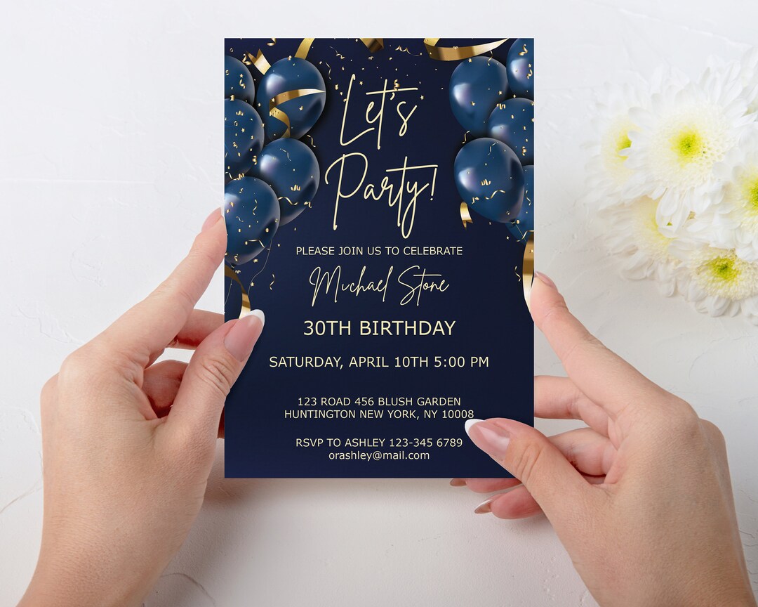 Editable Navy Blue Balloons and Gold Confetti Birthday Invitation ...