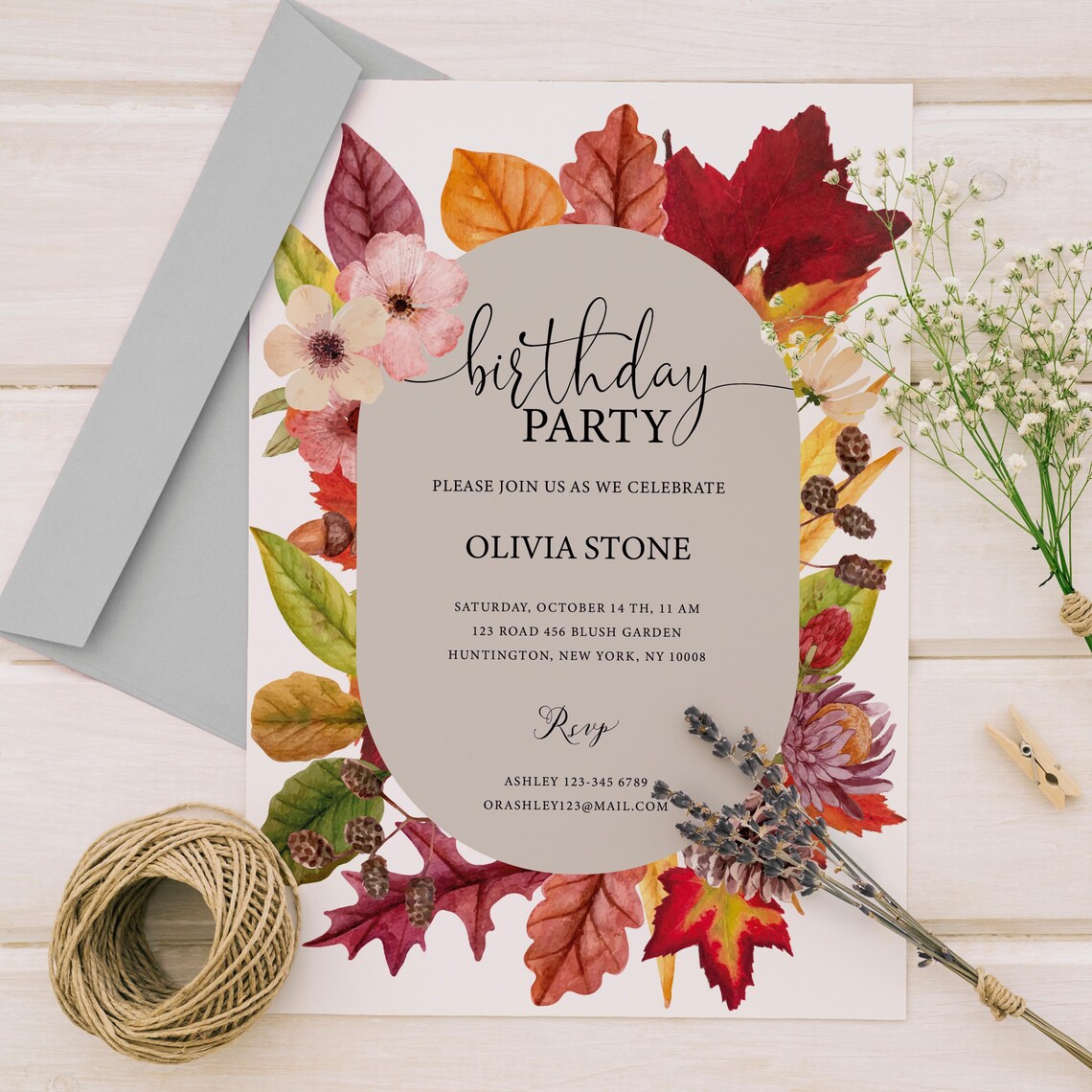 Fall Floral Birthday Party Invitation Template, Autumn Woman's Birthday ...