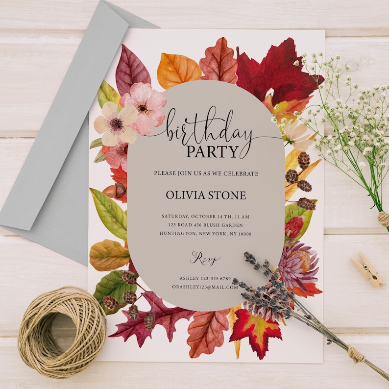 Fall Floral Birthday Party Invitation Template, Autumn Woman's Birthday ...
