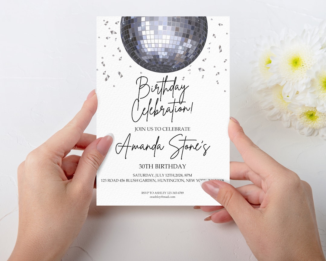 Black White Disco Ball Theme Birthday Invitation Template, Disco Bday ...