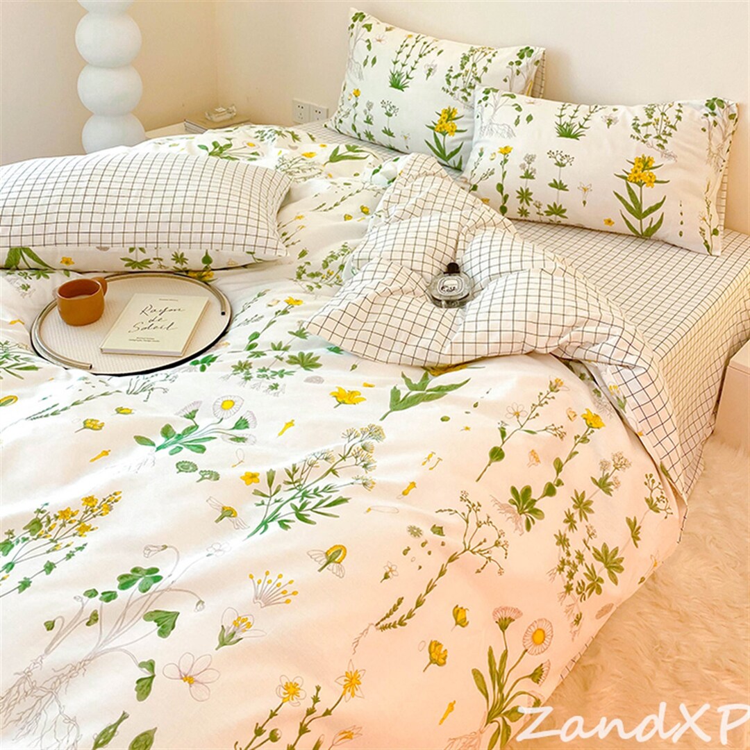 Botanical Duvet Cover Set, 100% Cotton Bedding Sets, Plaid Duvet Cover ...