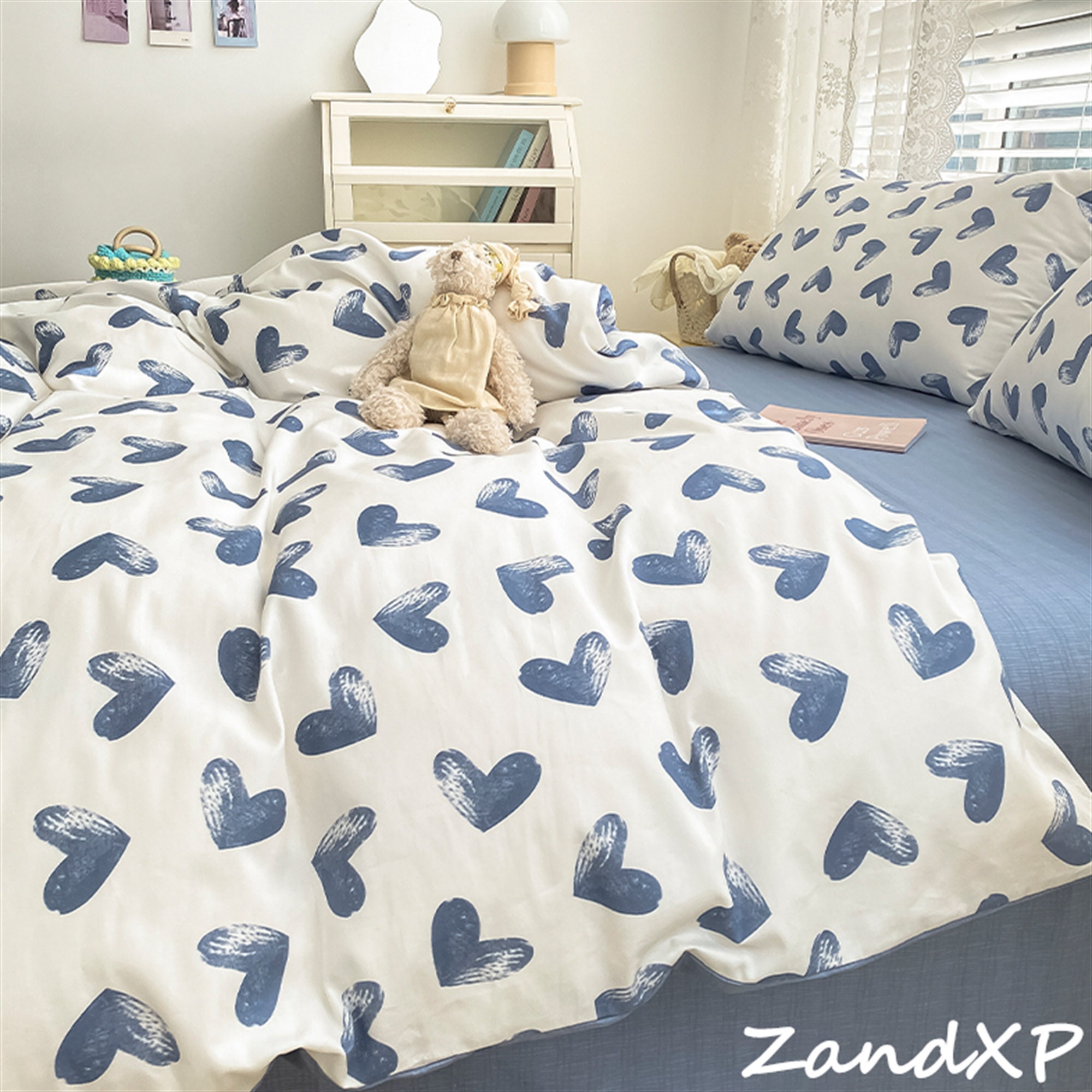 Cute Heart Duvet Cover 2 Pillowcases 100% Cotton Duvet Cover Twin Full ...