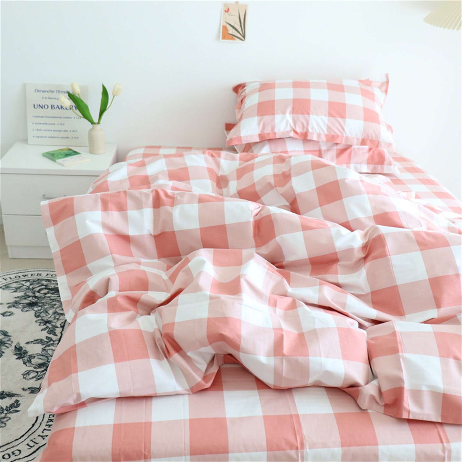 Pink Plaid Duvet Cover Set,,100% Cotton Soft Duvet Cover Size Twin/full ...