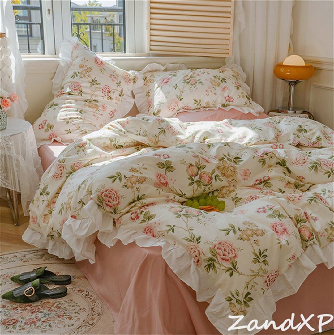 100% Cotton Duvet Cover Peony Duvet Cover Ruffled Fancy Comforter Cover ...