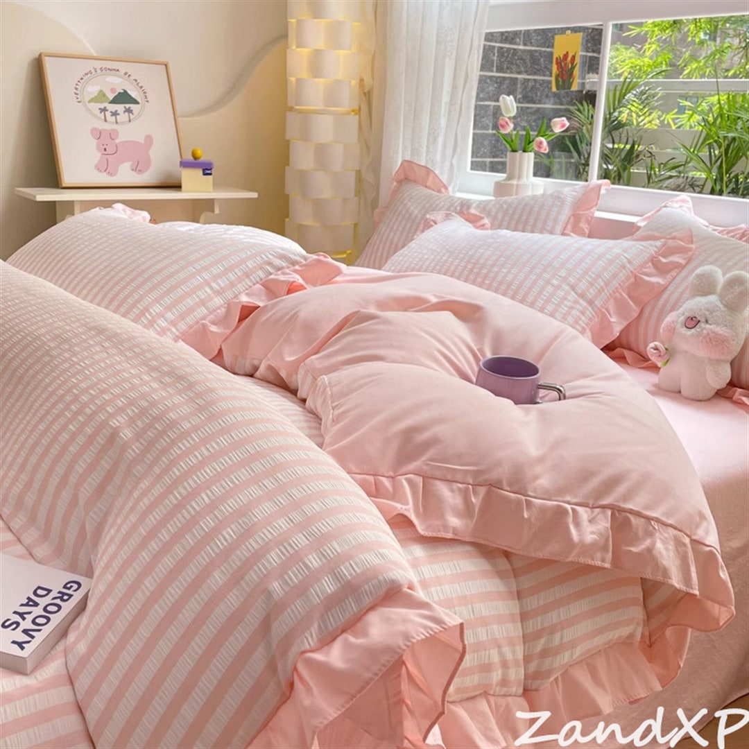 Pink Striped Duvet Cover, Ruffle Comforter Cover With Pillowcases ...