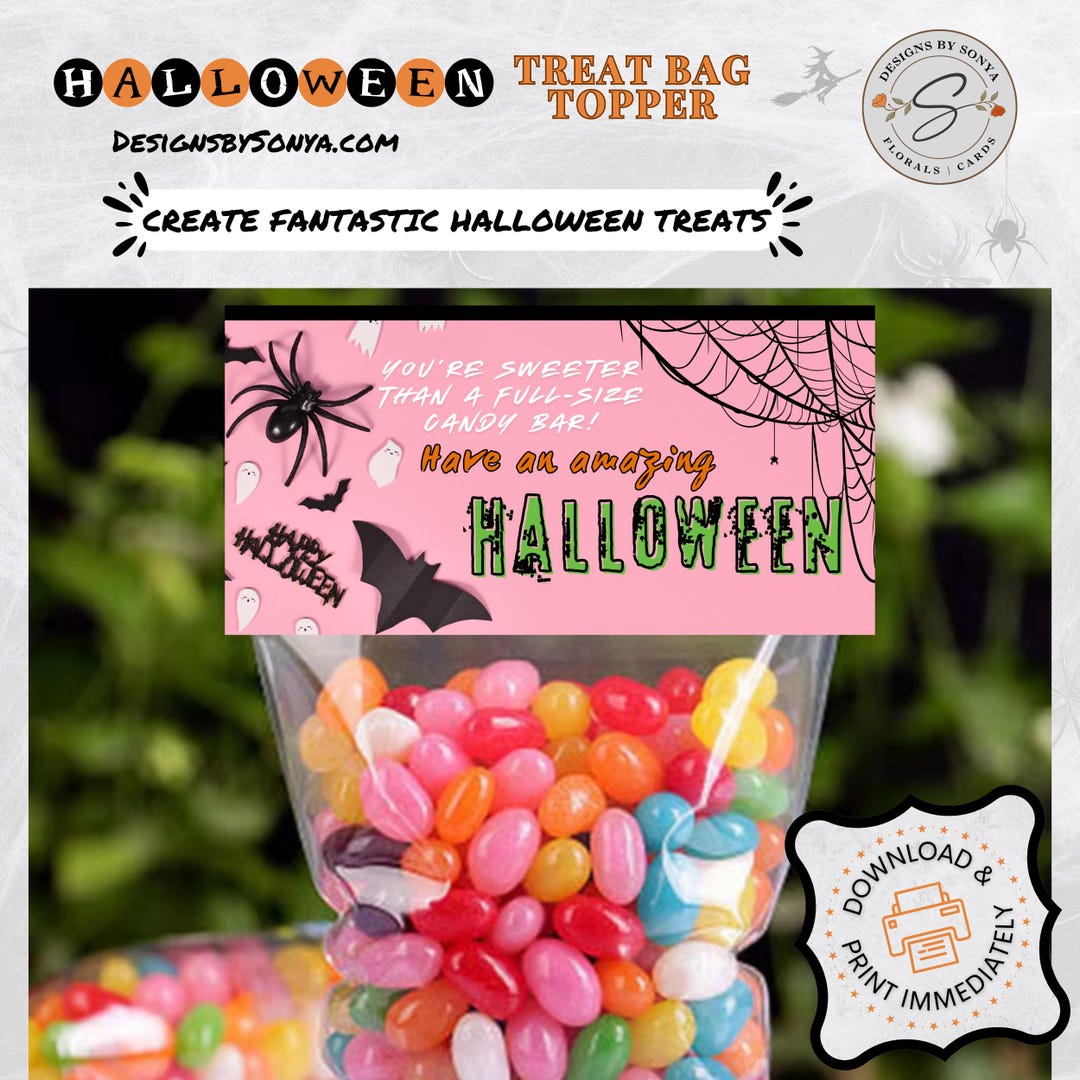 Printable Halloween Treat Bag Topper | Pink Green Halloween Favor ...