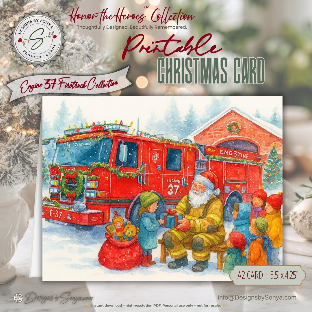 Engine 37 Printable Firetruck Christmas Card • Festive Firehouse ...