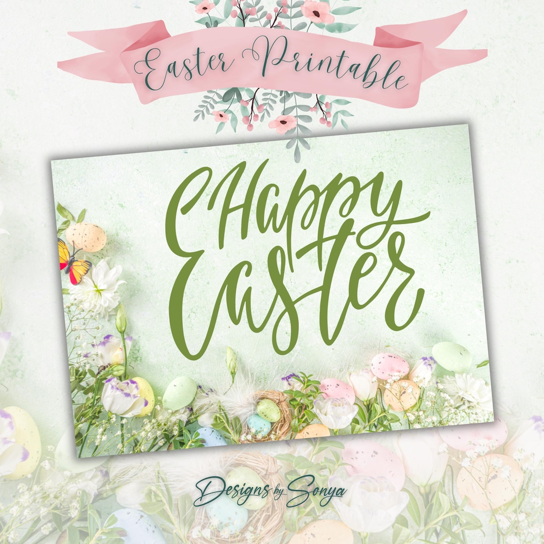 Happy Easter Printable Sign - Elegant Green Script, Floral Spring Decor ...