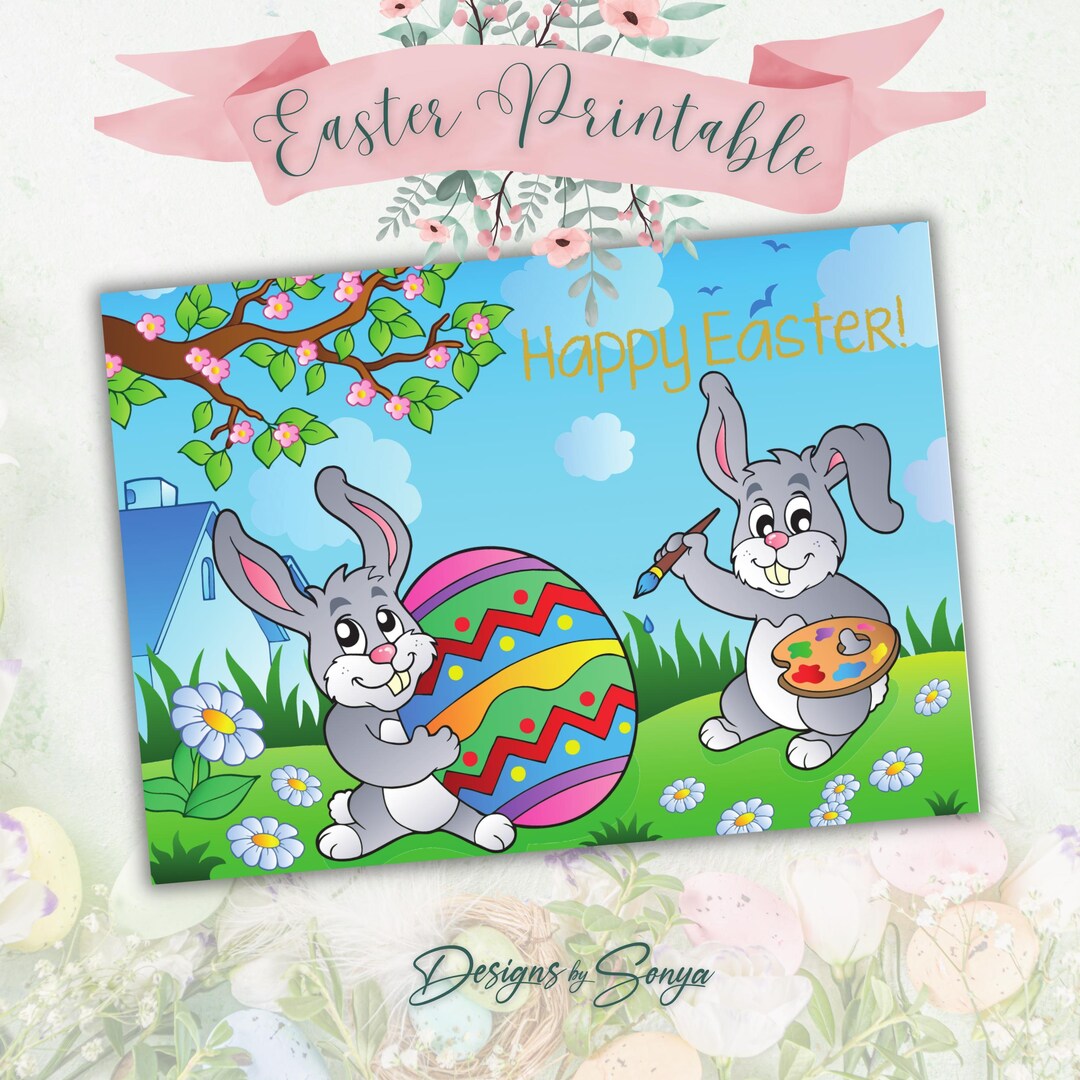 Happy Easter Printable – 5x7 Folded Greeting, Painting Bunny Easter ...
