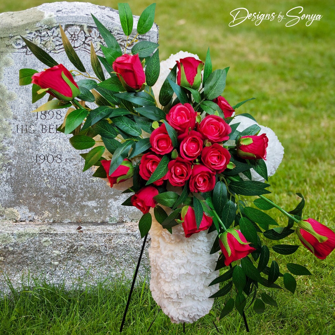 Eternal Love Memorial Standing Cross | 76 White Carnations & 18 Red ...