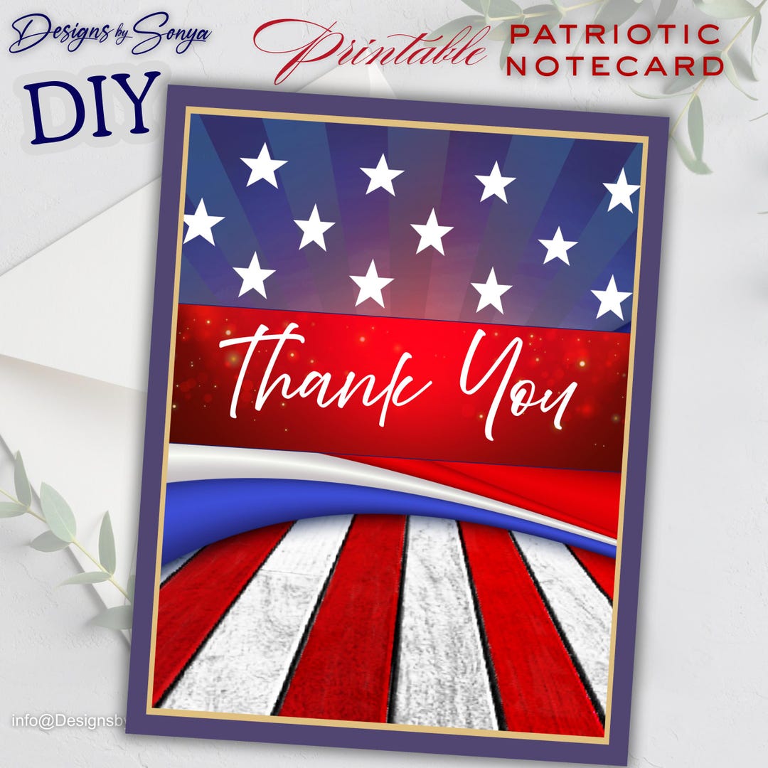 Printable Patriotic Thank You Card | A2 4.25"x5.5" Notecard | Red White ...