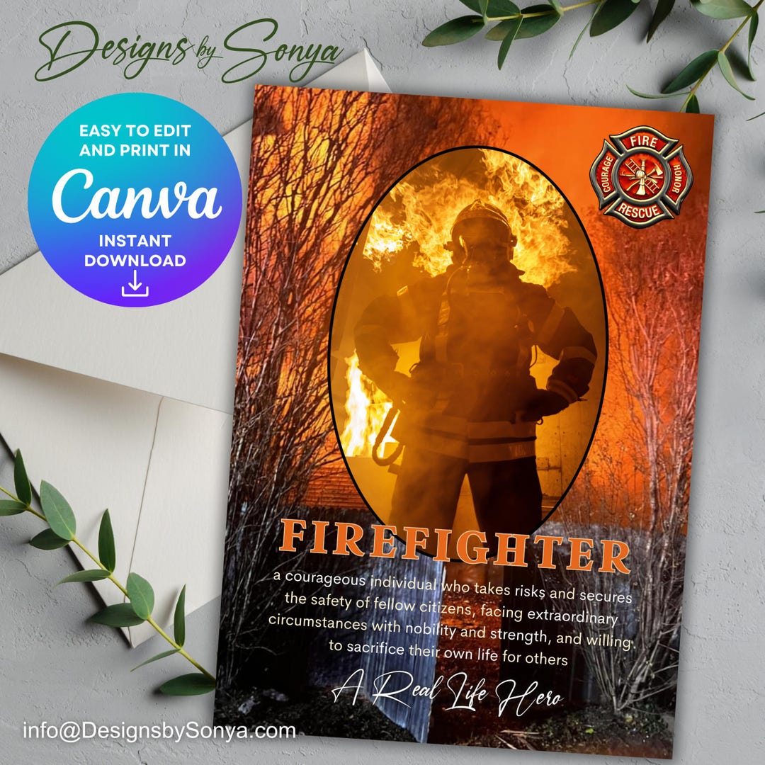 Editable Firefighter Thank You Card | Printable Canva Template ...