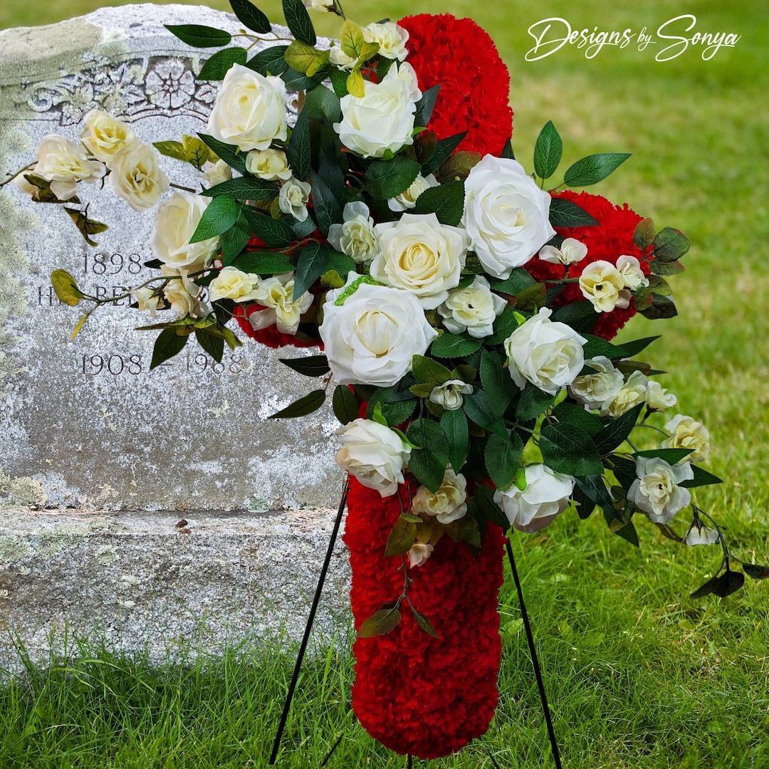 Lasting Honor Memorial Standing Cross | Red Carnations & White Roses ...