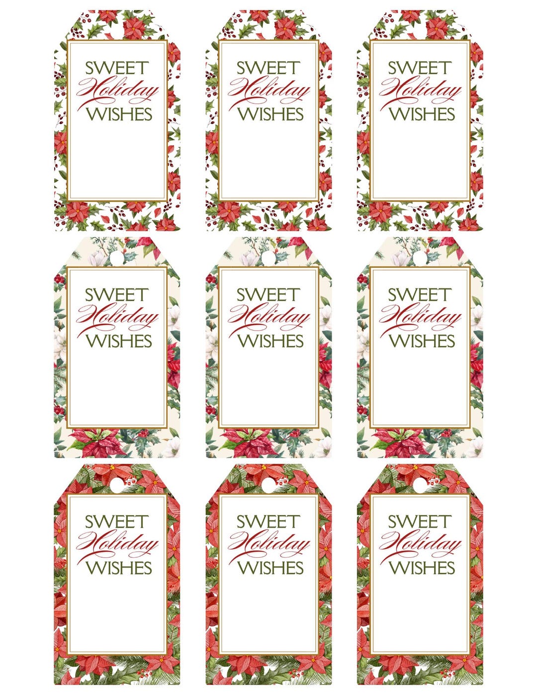 Sweet Holiday Wishes Printable Gift Tags Poinsettia Christmas Instant ...