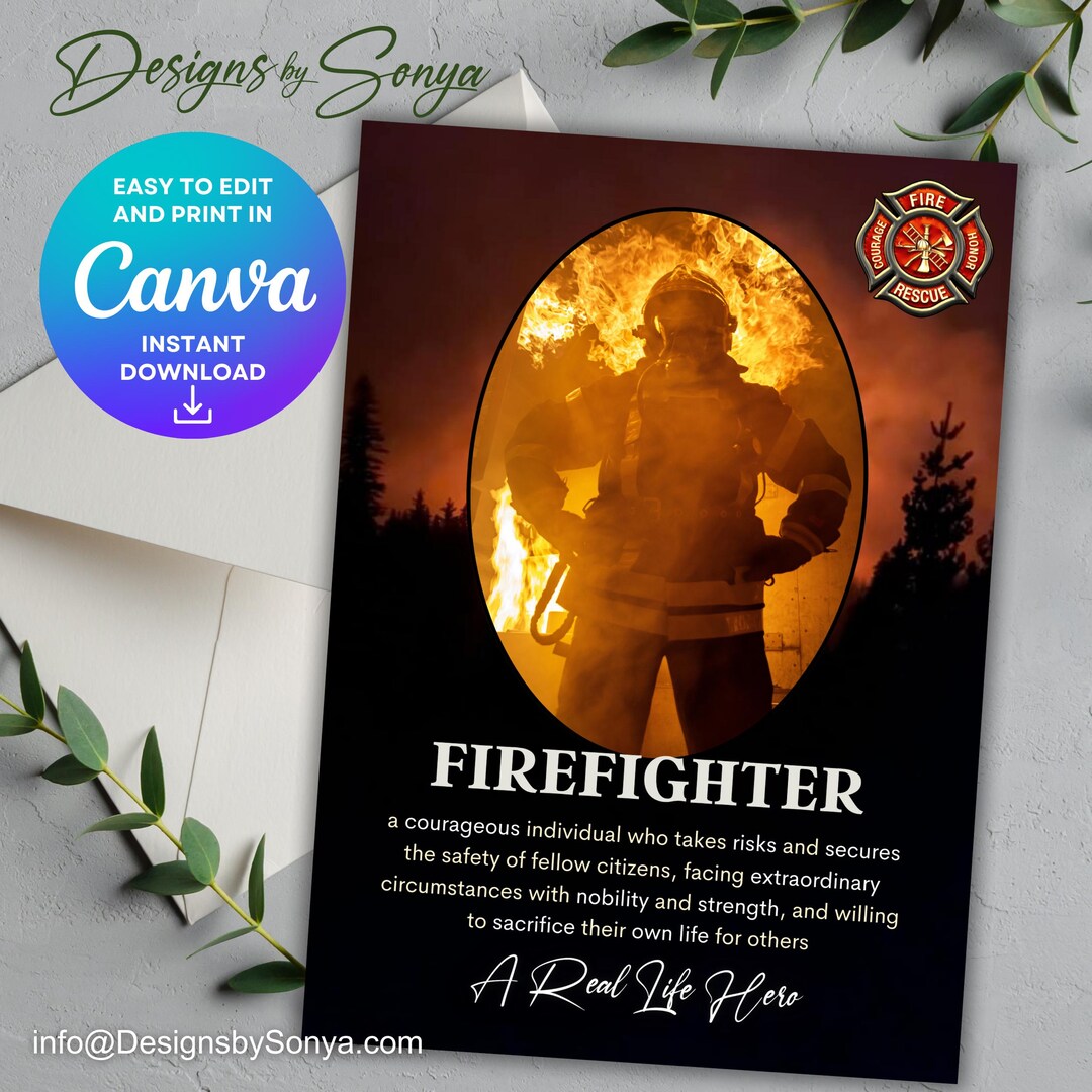 Firefighter Greeting Card With Flames | Printable Canva Template ...