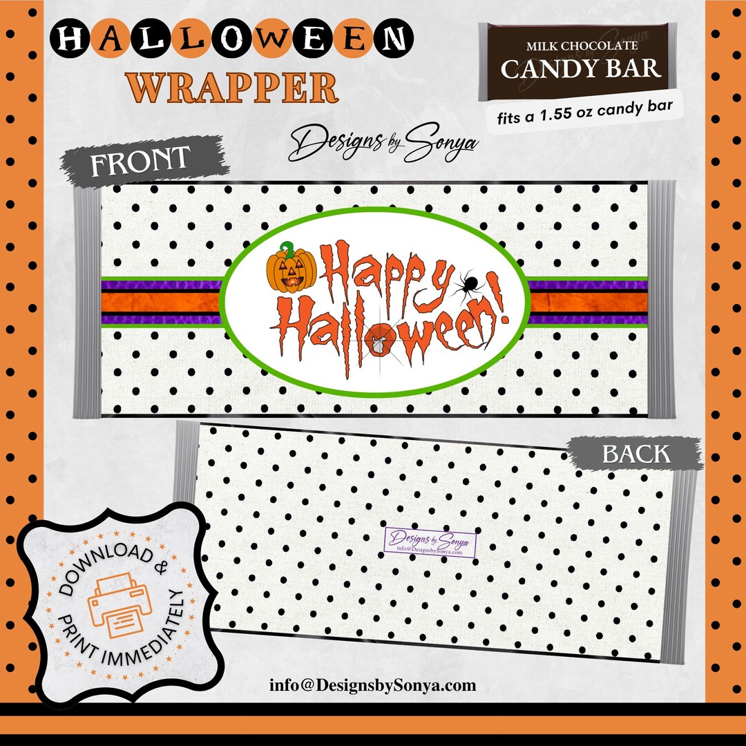 Happy Halloween Candy Bar Wrapper | Black Polka Dot Printable Favor ...