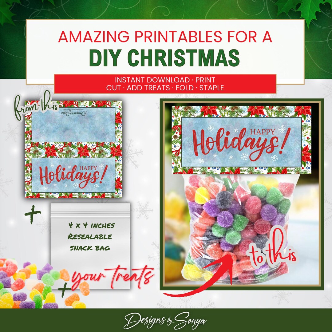Happy Holidays Treat Bag Topper Printable, Favor Bag Topper, Poinsettia ...