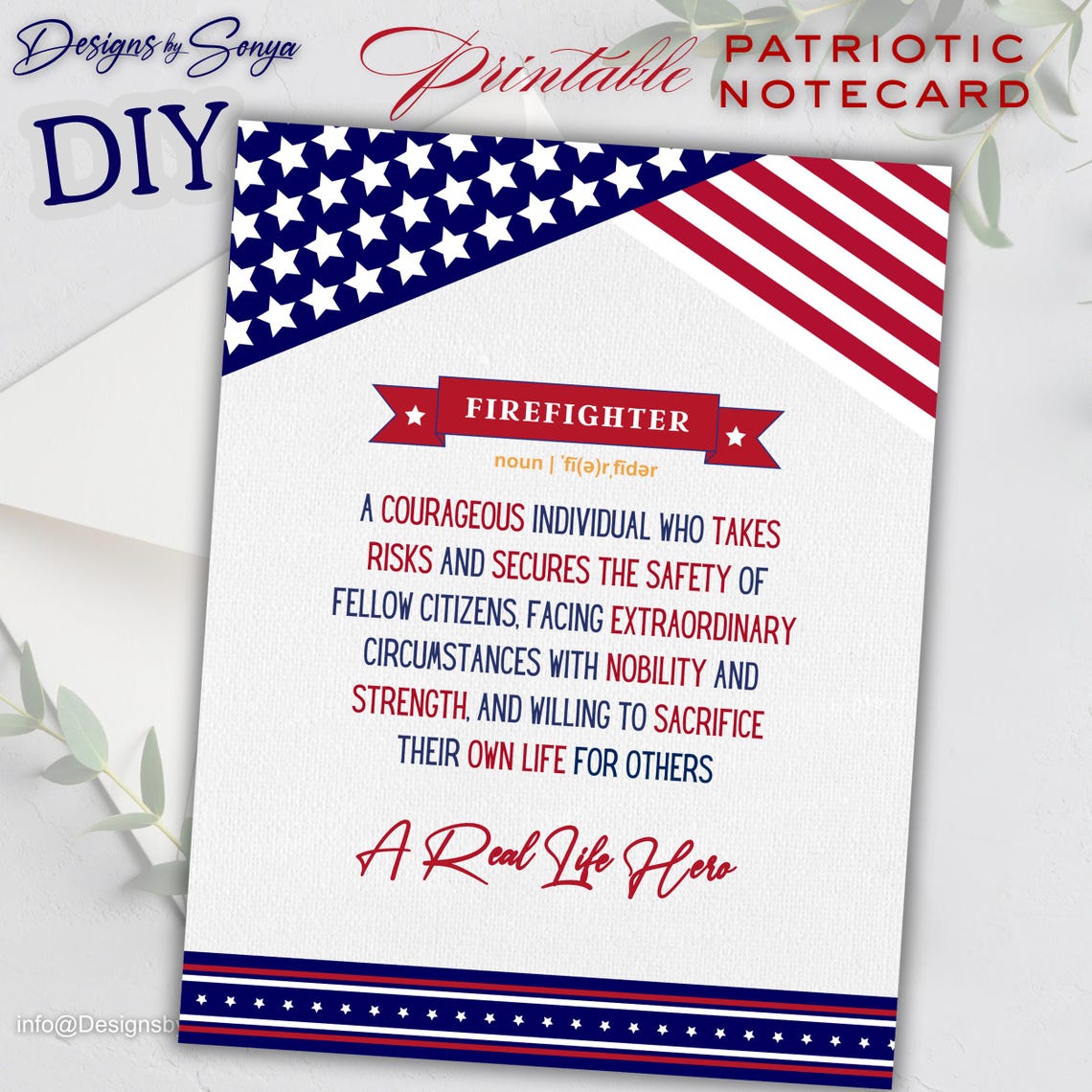 Printable Firefighter Hero Card | A2 Size 4.25"x5.5" | Patriotic ...