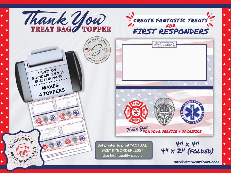 First Responders Thank You Treat Bag Topper | Printable 4"x4" Digital ...