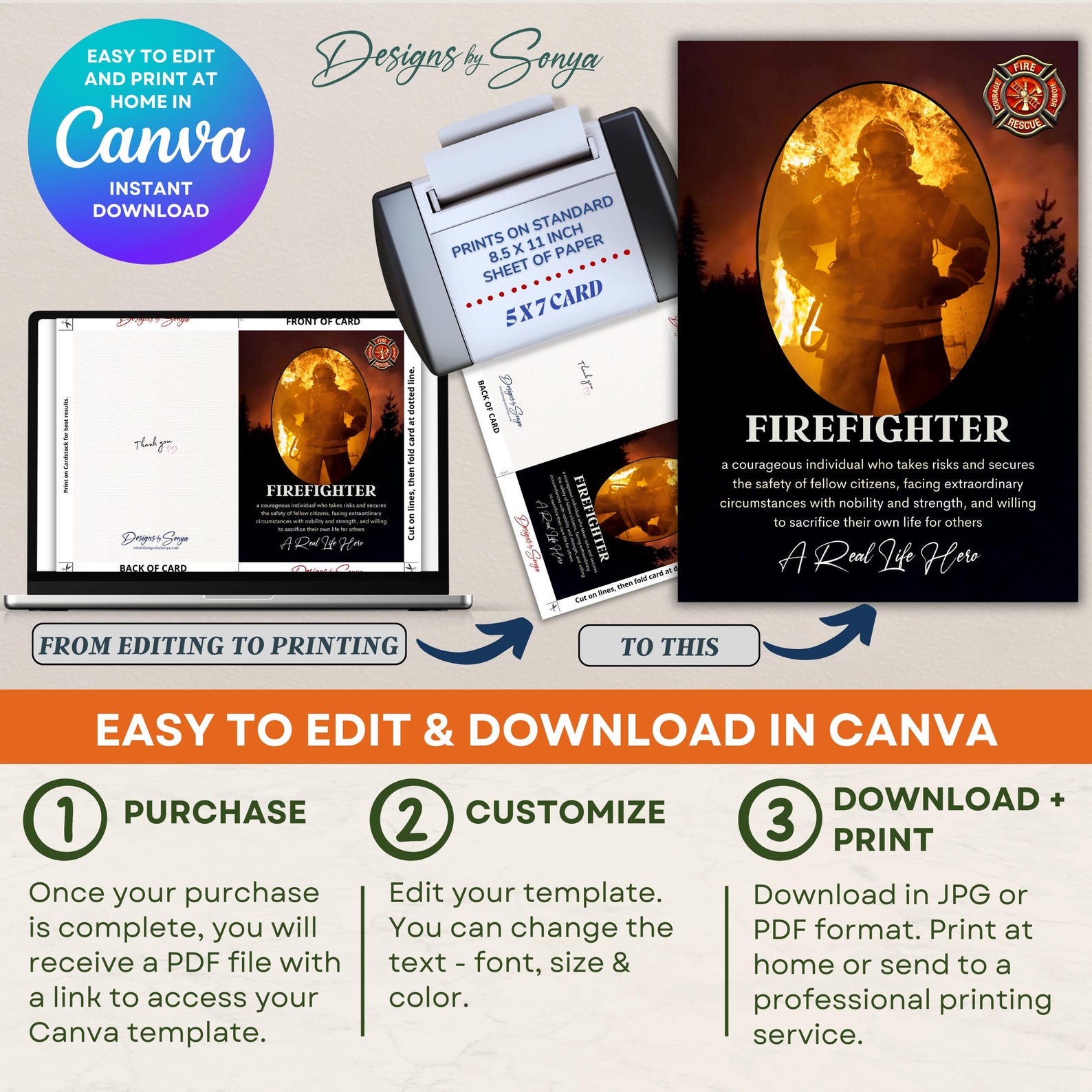 Firefighter Greeting Card With Flames | Printable Canva Template ...