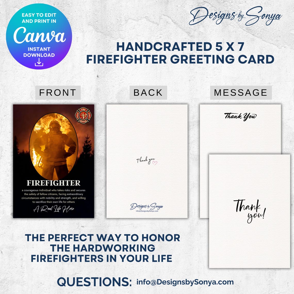 Firefighter Greeting Card With Flames | Printable Canva Template ...
