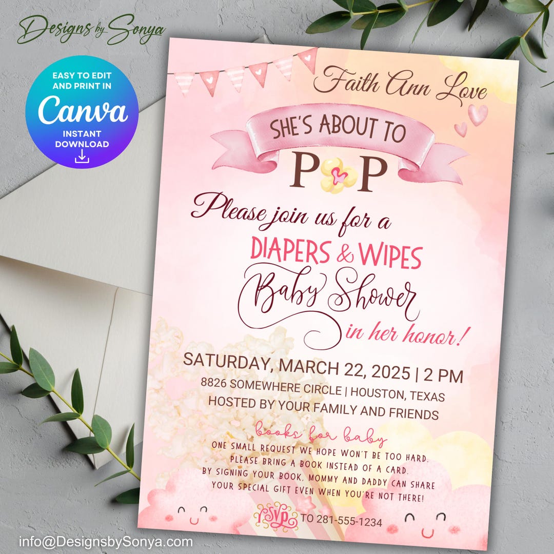 She’s About to POP! Diapers & Wipes Baby Shower Invitation | Pink ...