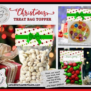 Christmas Treat Bag Topper Printable Digital Download Green Bow & Polka ...