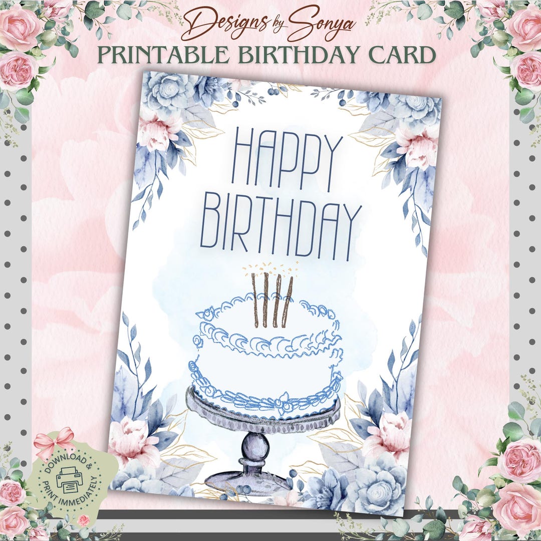 Blue Floral Birthday Card 5x7 Printable Birthday Card Watercolor Cake ...